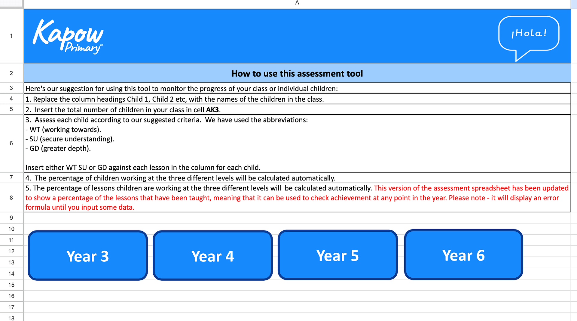 Spanish: Assessment spreadsheet - Kapow Primary