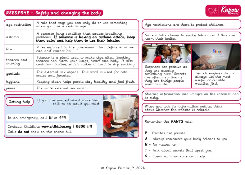 Lower KS2 RSE & PSHE Knowledge Organiser | PANTS Rule