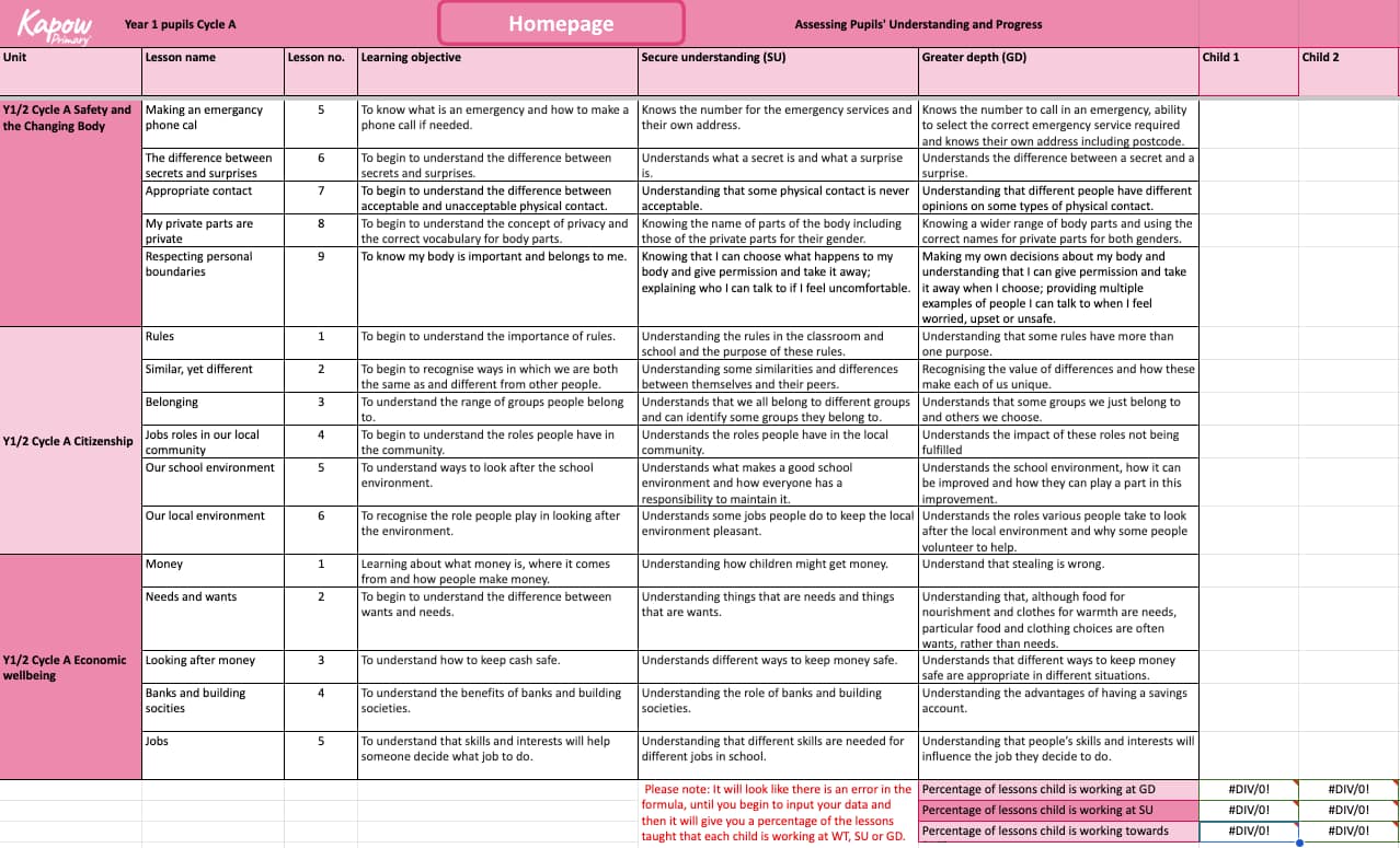 RSE and PSHE: Assessment spreadsheet — mixed-age