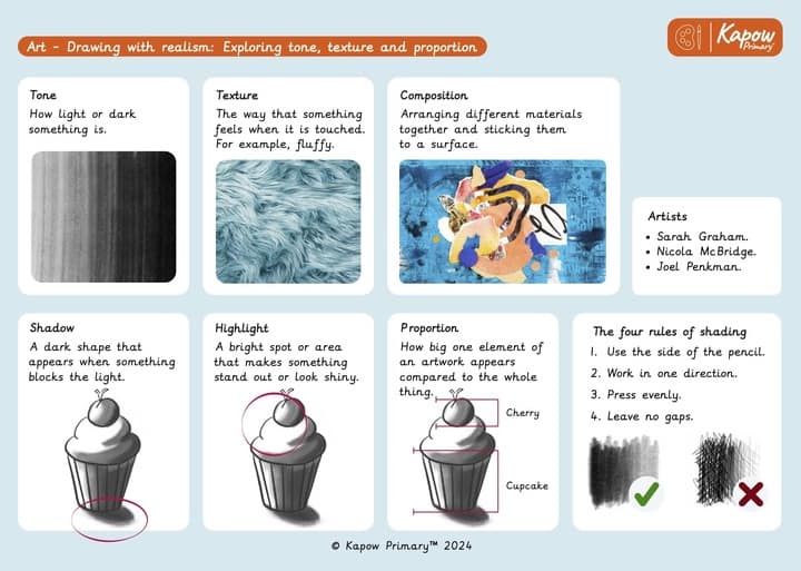 Year 4 Art knowledge organiser: Drawing: Tone, texture & proportion